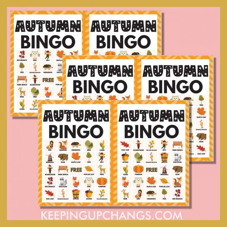 Autumn Fall Bingo Pictures & Words (5x5 & 4x4 Grid) [FREE Printables!]