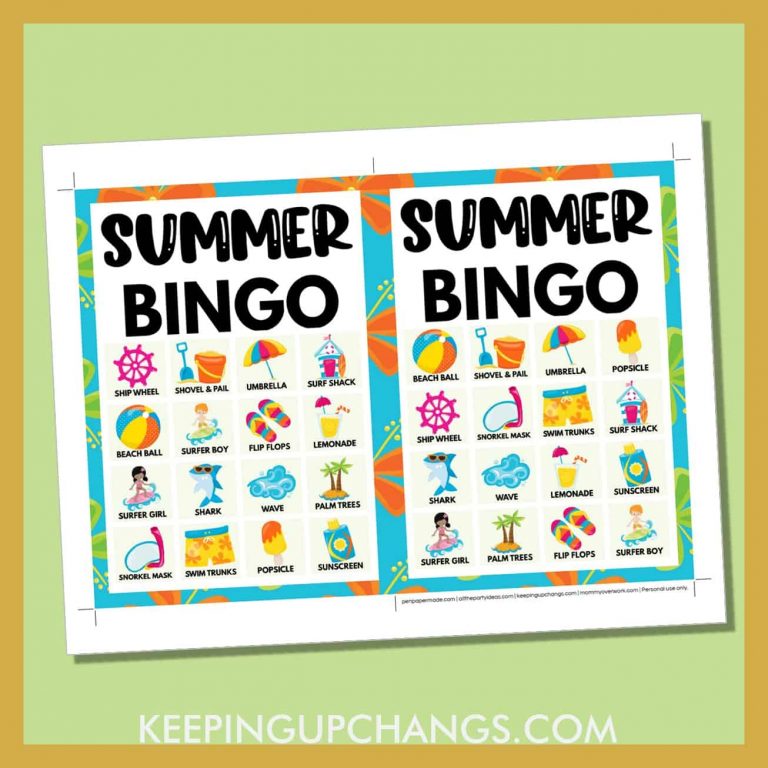Beach Summer Bingo Pictures & Words (5x5 & 4x4 Grid) [FREE Printables!]