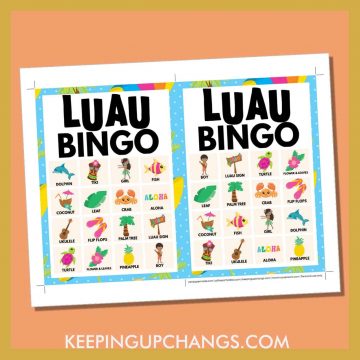 Hawaiian Luau Bingo Pictures & Words (5x5 & 4x4 Grid) [FREE Printables!]